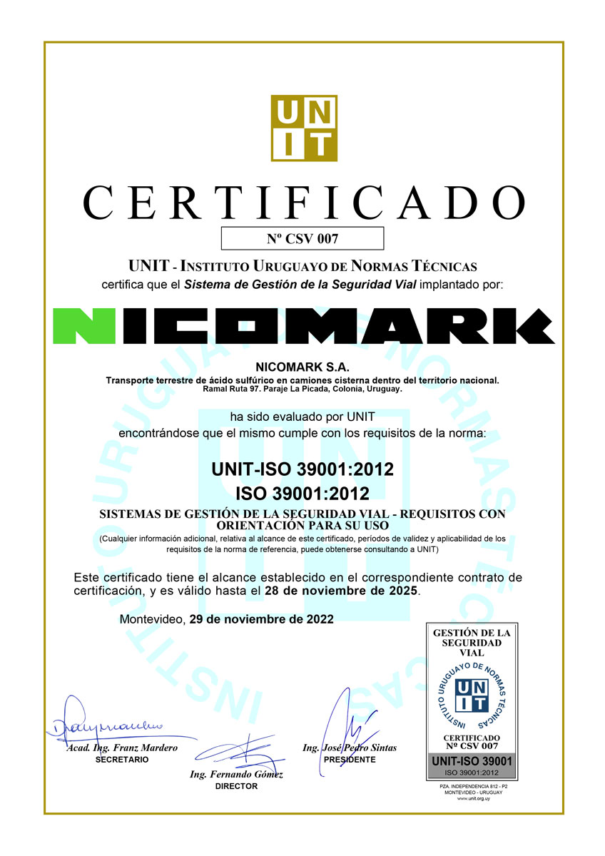 Certificado ISO 39001 – Nicomark Transporte